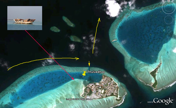 Satellite view of Thulusdhoo in the Maldives, one of Scorpio's past ...